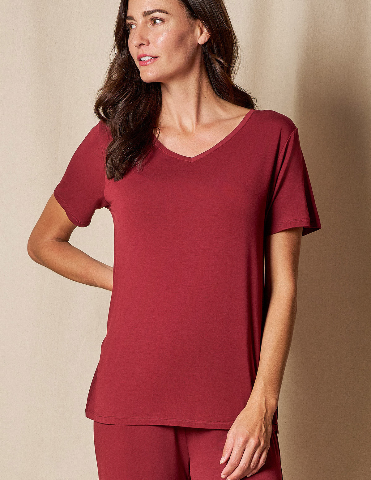 Bamboo V-Neck Sleep Tee - Burgundy — Sivana